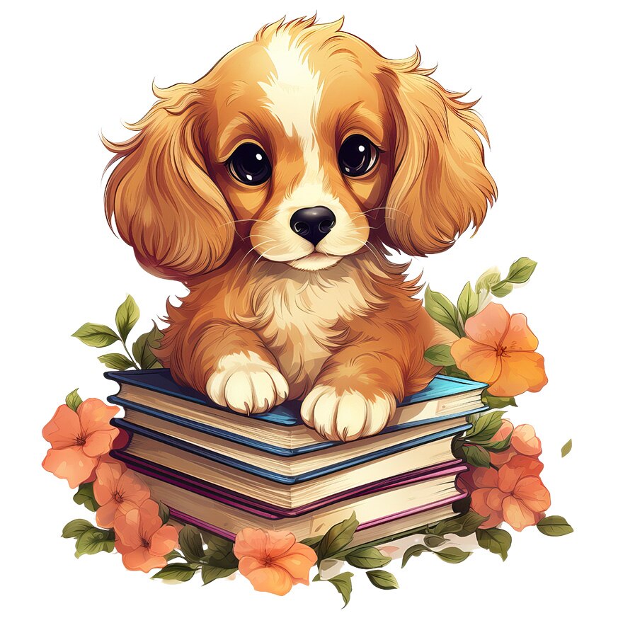 Sticker cu un catel serios care sta pe un teanc cu carti, ilustratie ...