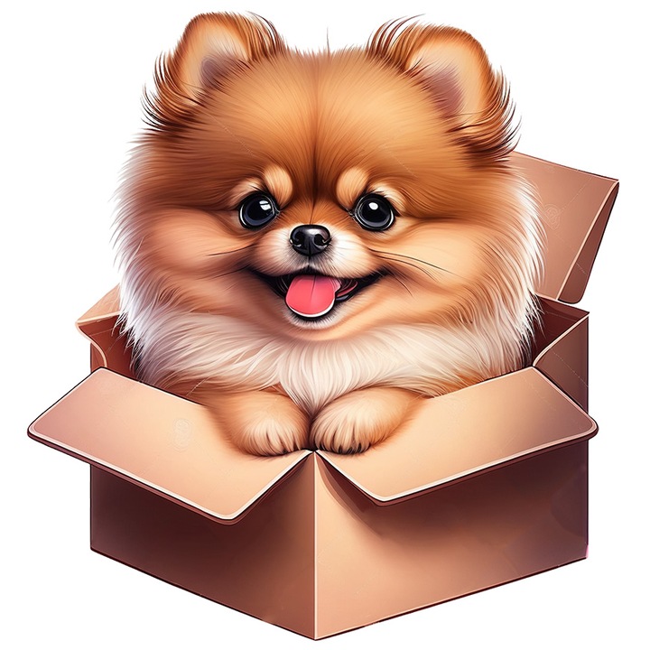 Sticker cu un catelus blanos care iese dintr-o cutie, ilustratie, a ...