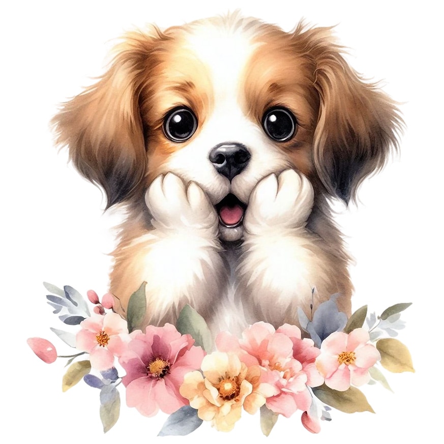Sticker cu un catelus uimit, socat, floricele cu diferite culori, mirat ...