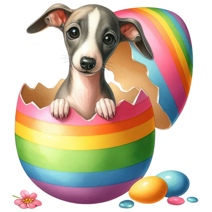 Sticker cu un catelus slabut, ilustratie, iese dintr-un ou spart, vesel ...