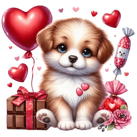 Sticker cu un catelus vesel, ilustratie, cadou, ciocolata, dulciuri ...