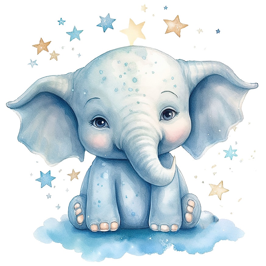 Sticker cu un elefant vesel, ilustratie, stelute, noapte, norisor ...