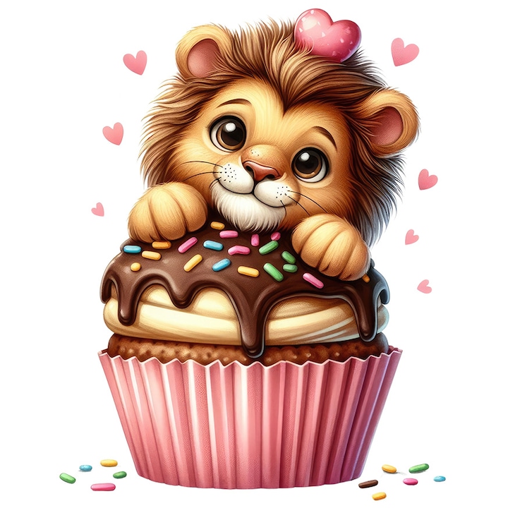 Sticker cu un leu care sta langa o briosa, ilustratie, inimioare, dulce ...