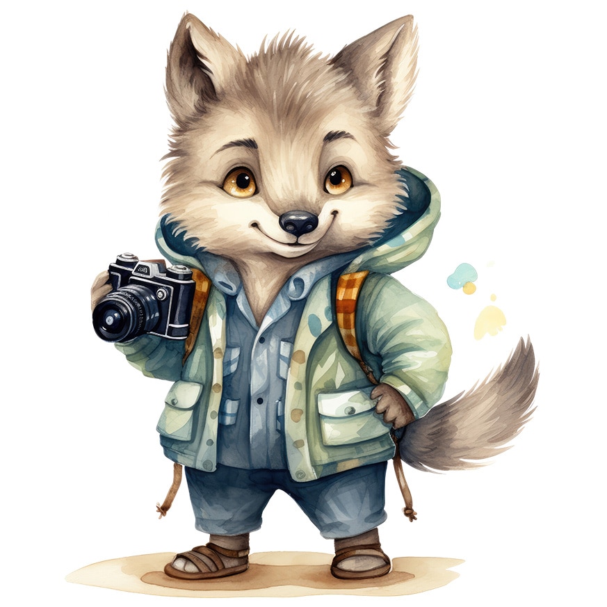 Sticker cu un lup vesel care face poze, aparat de fotografiat ...