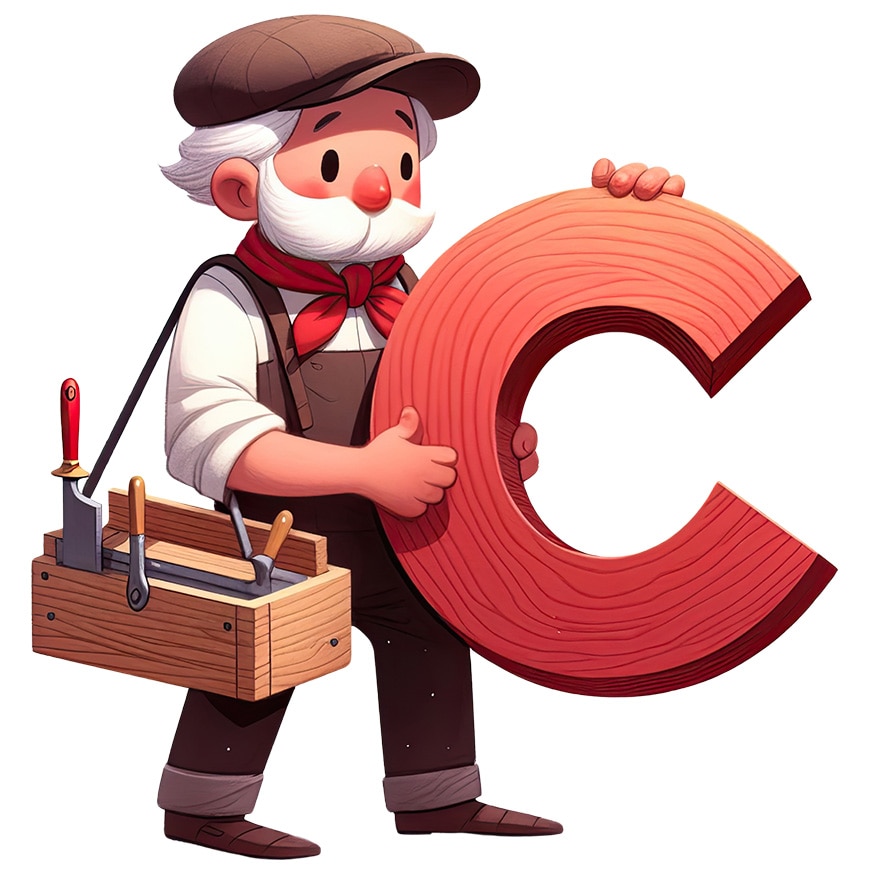 Sticker cu un mester care tine litera "C', ilustratie, trusa cu unelte ...