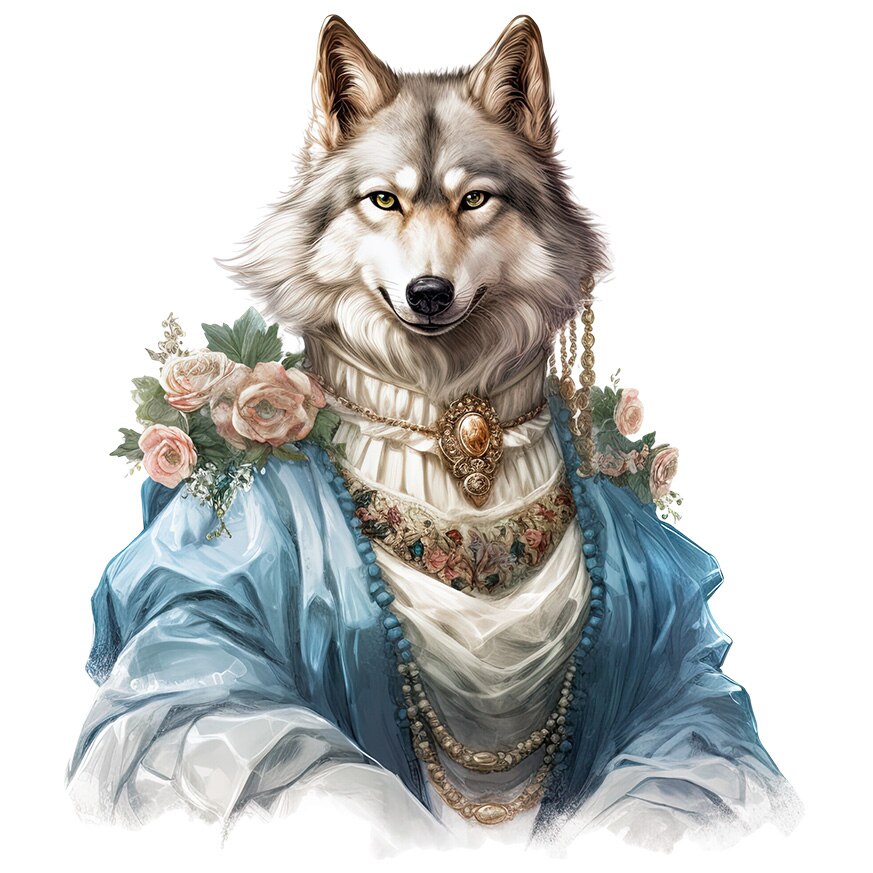 Sticker cu un lup in haine de epoca, ilustratie, flori, bijuterii ...