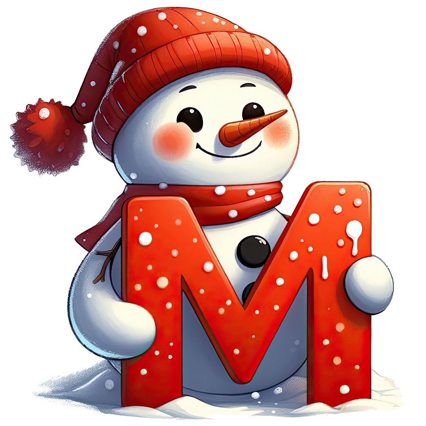 Sticker cu un om de zapada care tine litera "M", ilustratie, caciula ...
