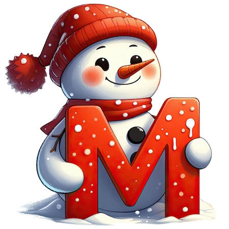 Sticker cu un om de zapada care tine litera "M", ilustratie, caciula ...
