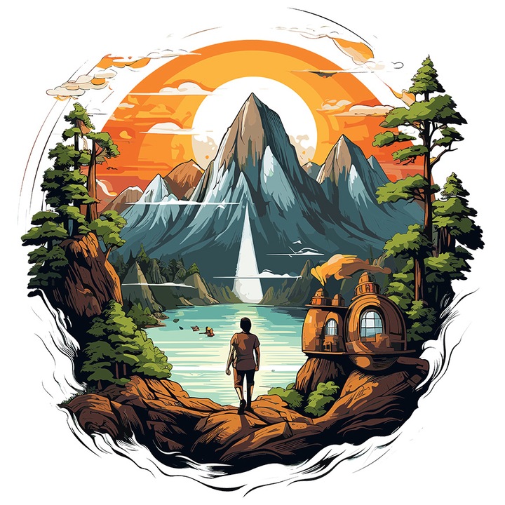 Sticker cu un om in fata unor munti, ilustratie, apa, lac, copaci ...