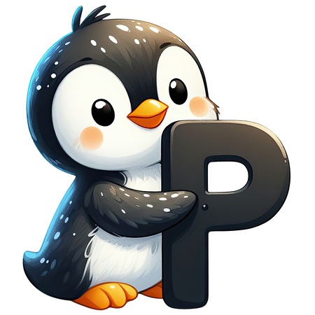 Sticker cu un pinguin cu litera "P", ilustratie, pentru copii, scoala ...