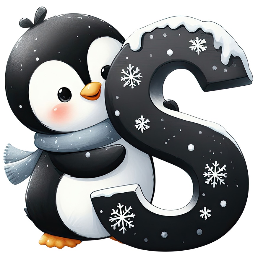 Sticker cu un pinguin care tine litera "S", ilustratie, pentru copii ...