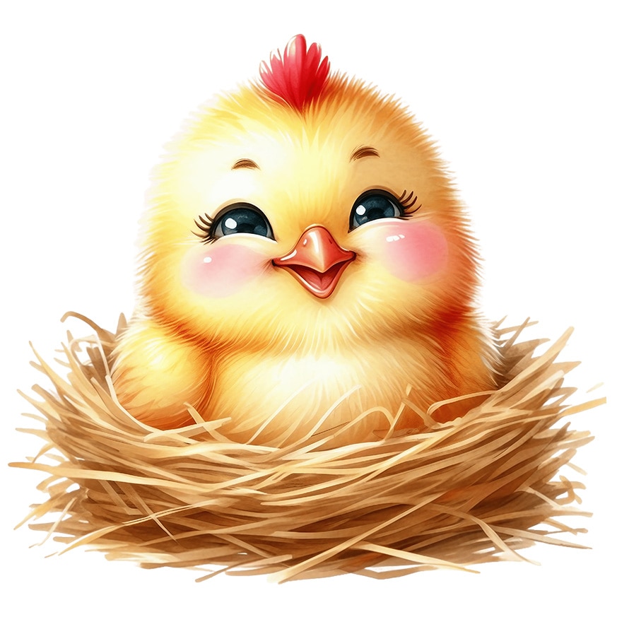 Sticker cu un pui de gaina, ilustratie, vesel, cuib, paie, fericire ...