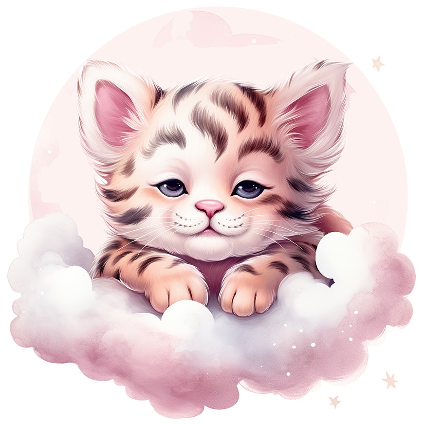 Sticker cu un pui de tigru somnoros, ilustratie, norisori, luna plina ...