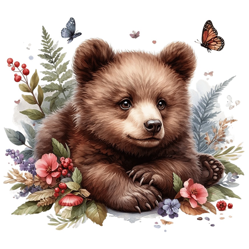 Sticker cu un pui de urs brun, ilustratie, natura, flori de diferite ...