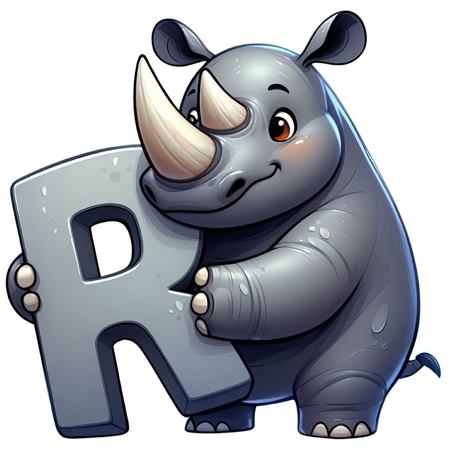 Sticker cu un rinocer cu litera "R", ilustratie, pentru copii, scoala ...