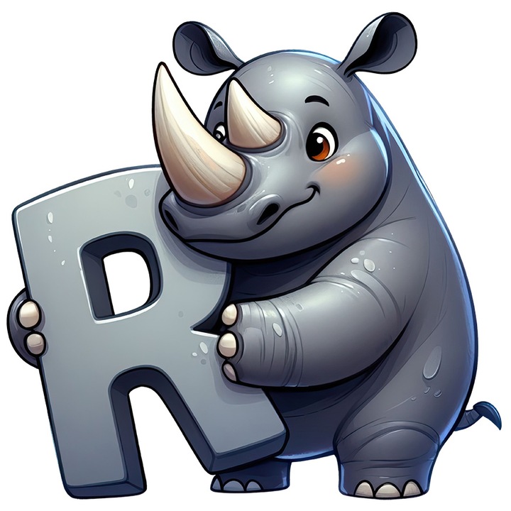 Sticker cu un rinocer cu litera "R", ilustratie, pentru copii, scoala ...