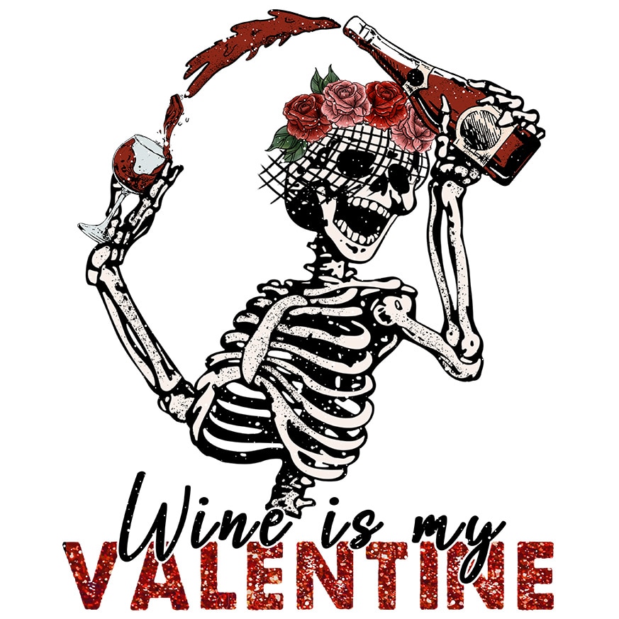 Sticker cu un schelet care toarna vin intr-un pahar cu mesajul "Wine is ...