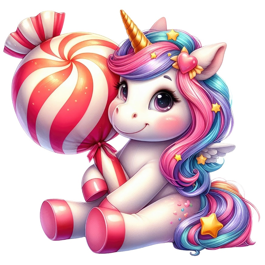 Sticker cu un unicorn care are o bomboana, ilustratie, dulce ...