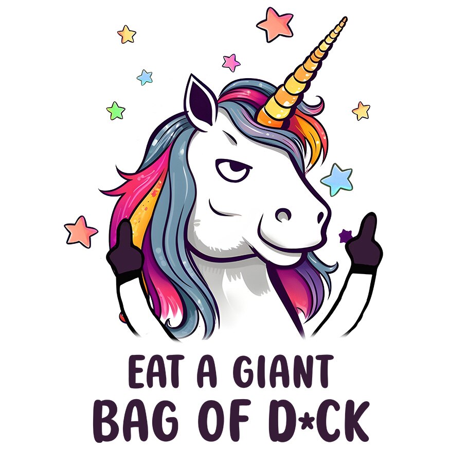 Sticker cu un unicorn care arata semne obscene cu mesajul "Eat a giant ...