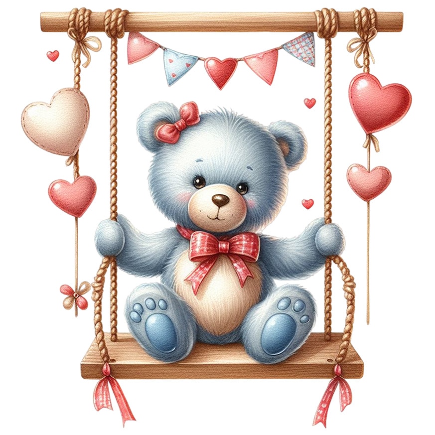 Sticker cu un ursulet care se da in leagan, ilustratie, inimioare ...