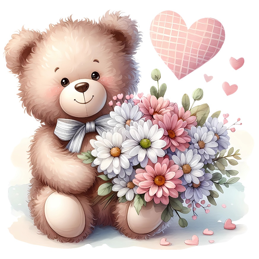 Sticker cu un ursulet de plus imbujorat, ilustratie, tine un buchet cu ...