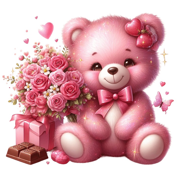 Sticker cu un ursulet de plus care are un buchet cu trandafiri langa el ...