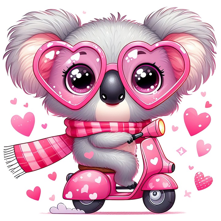 Sticker cu un ursulet Koala care se plimba cu un scuter, inimioare ...