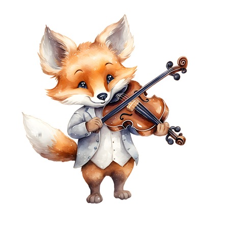 Sticker cu un vulpoi care canta la vioara, ilustratie, animal salbatic ...