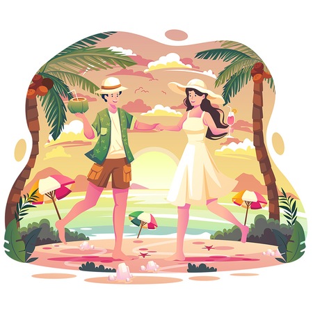 Sticker Cu Vacanta, Palmier, Cuplu, Umbrele, Apus, Mare, cu Margini ...