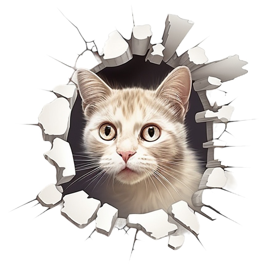 Sticker Pisica Iesind din Sticker, Sparta, Design 3D, cu Margini Albe ...