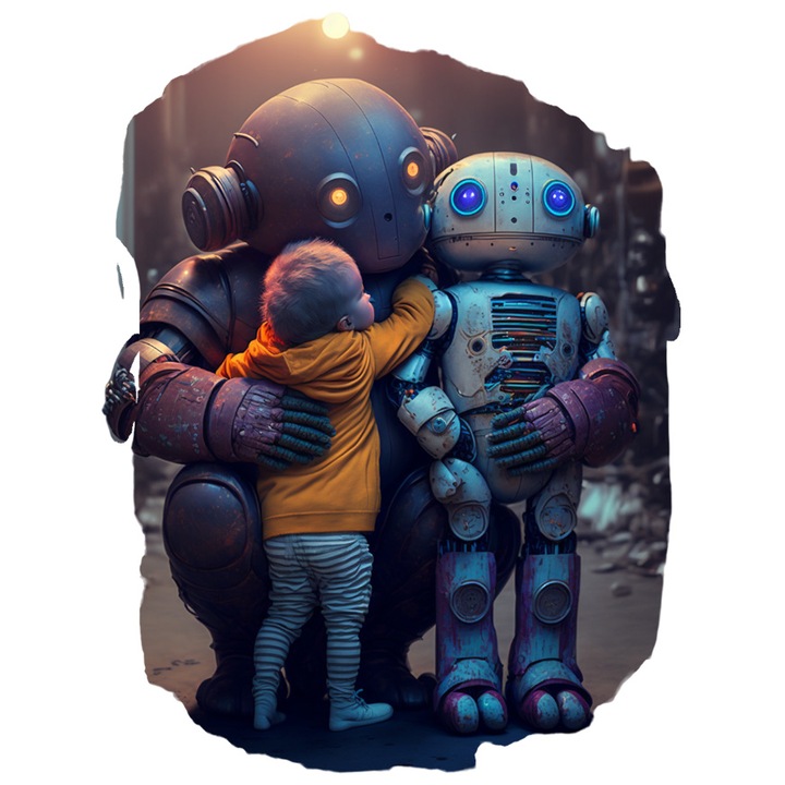 Sticker Cu Roboti, Copil, Imbratisare, Androizi, Sci-Fi, cu Margini ...