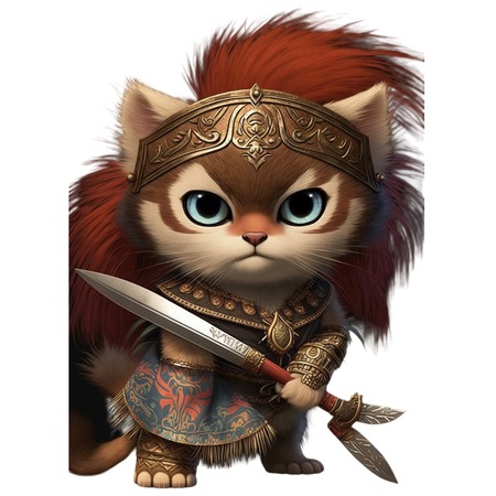 Sticker cu Portret Pisica Gladiator, Pisica cu Sabie, Pisica Luptatoare ...