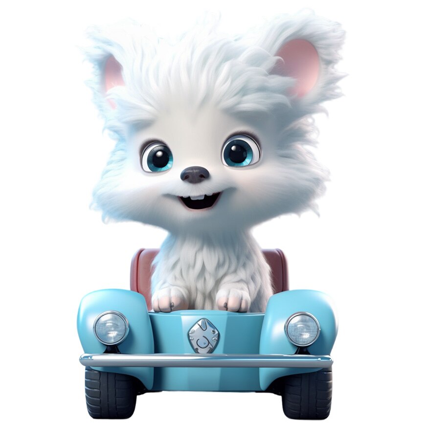 Sticker cu Portret Animalut Alb si Micut, in Masina Turcoaz, Animal de ...