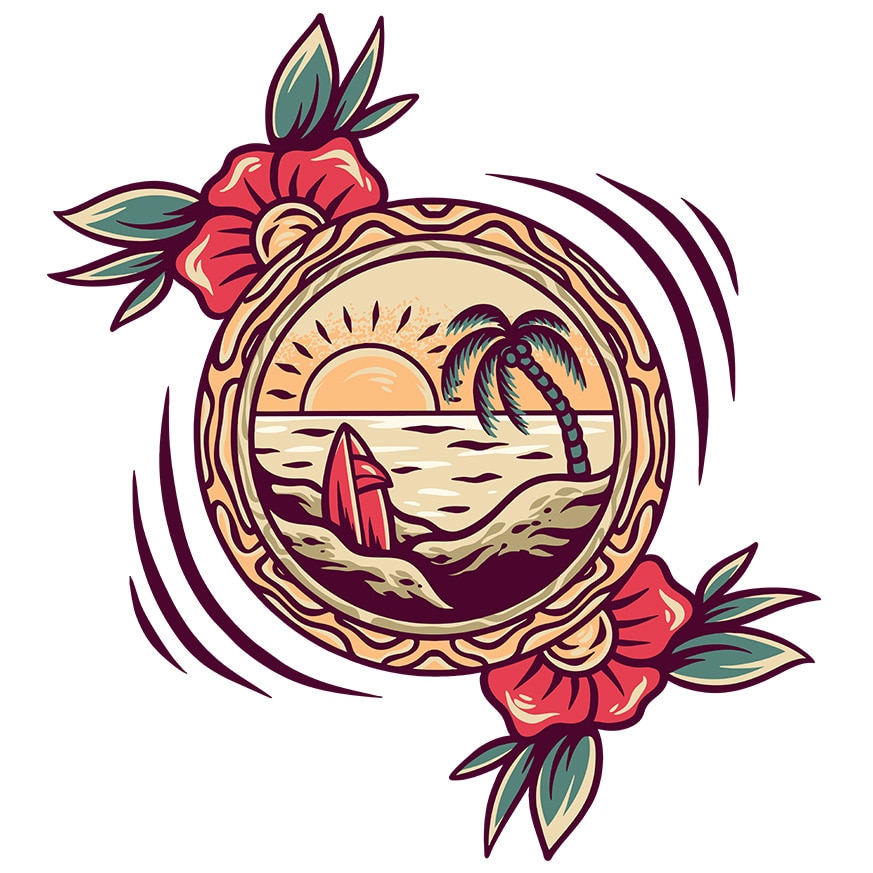 Sticker Cu Plaja, Apus, Mare, Palmier, Placa De Surf, Flori, Rama, cu ...