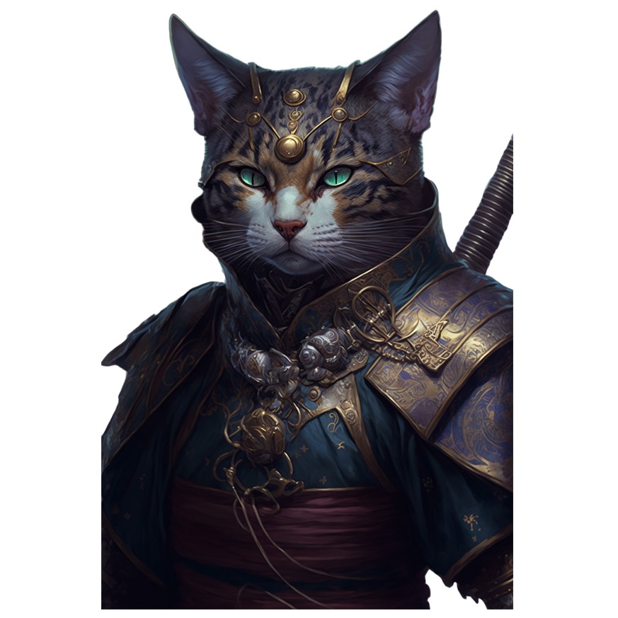 Sticker Cu Portret Pisica Stil Ninja Cu Sabie, Armura De Aur, Desene ...