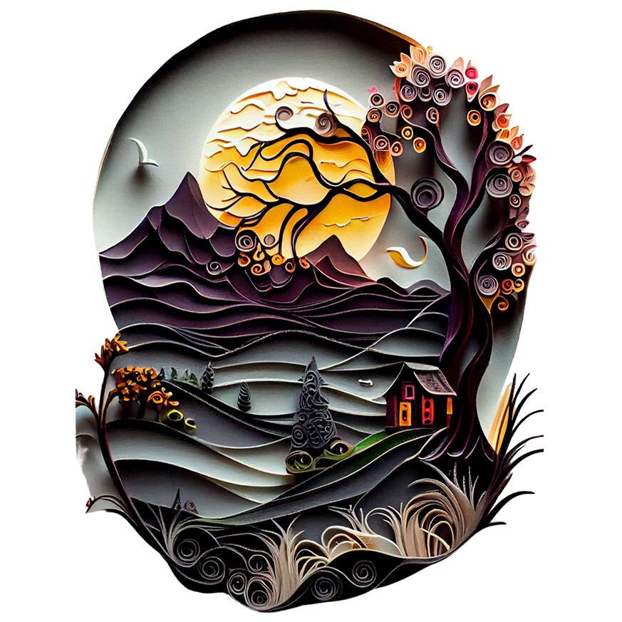 Sticker Cu Peisaj, Abstract, Arta Din Hartie, Casa, Munte, Copac, Soare ...