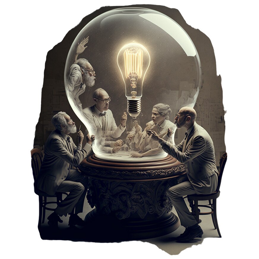 Sticker Cu Oameni De Stiinta, Bec, Idei, Masa Rotunda, Savanti, Fizica ...