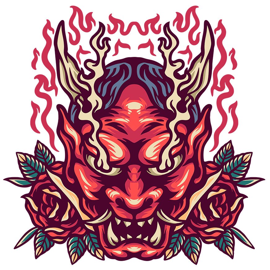 Sticker Cu Monstru, Masca Oni, Flacari, Trandafiri, Frunze, cu Margini ...