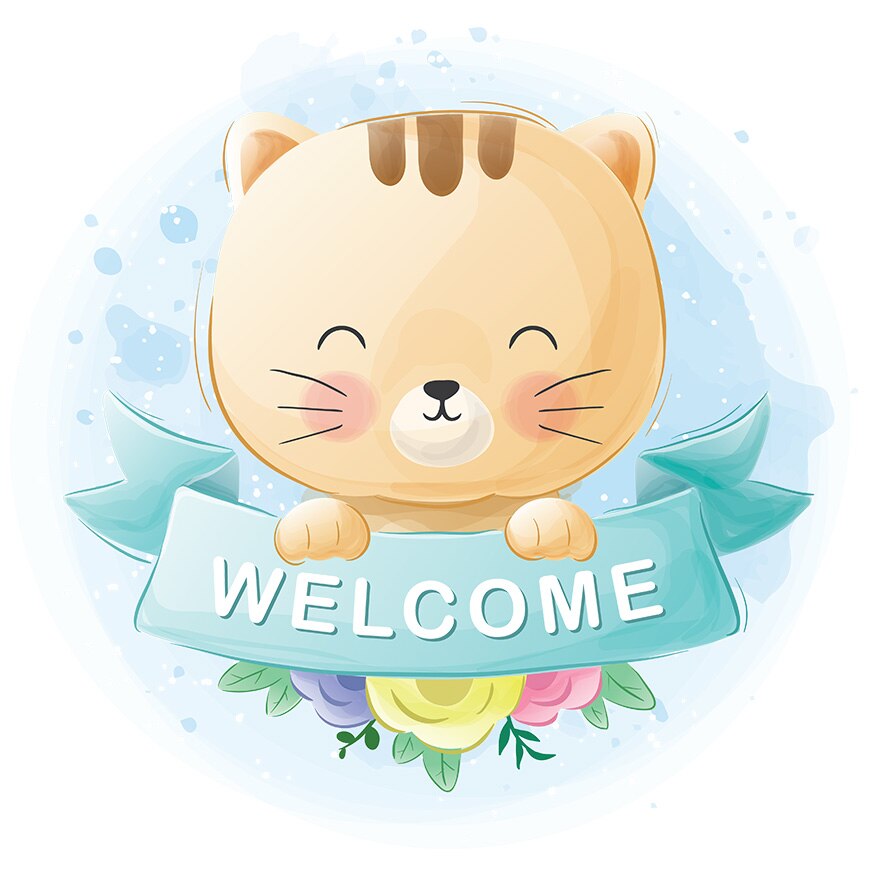 Sticker Cu Mesaj In Engleza Welcome, Pisica, Flori, Panglica, cu ...