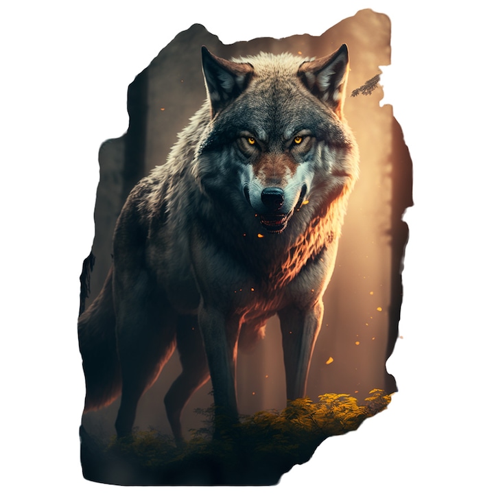 Sticker Cu Lup, Animal, Padure, Lumina Soarelui, Apus, cu Margini Albe ...