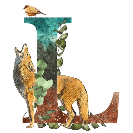 Sticker Cu Litera, L, Lup, Pasare, Frunze, cu Margini Albe, PVC Vinyl ...
