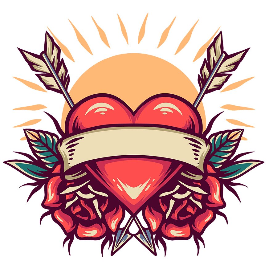 Sticker Cu Inima, Soare, Sageti, Panglica, Trandafiri, Frunze, cu ...