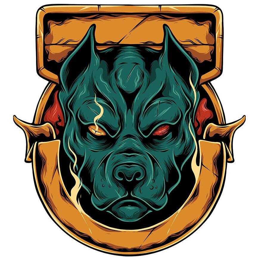 Címeres matrica, kutya, láng, démoni, fehér szélekkel, PVC vinil 10 cm ...