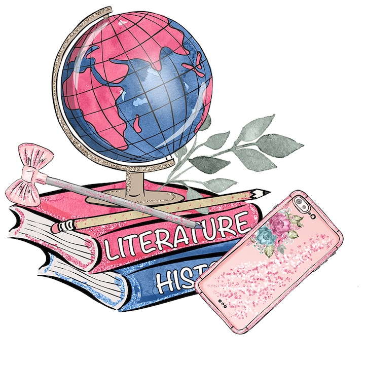 Sticker Cu Carti de Literatura si Glob Pamantesc, Scoala, Elevi, Penar ...