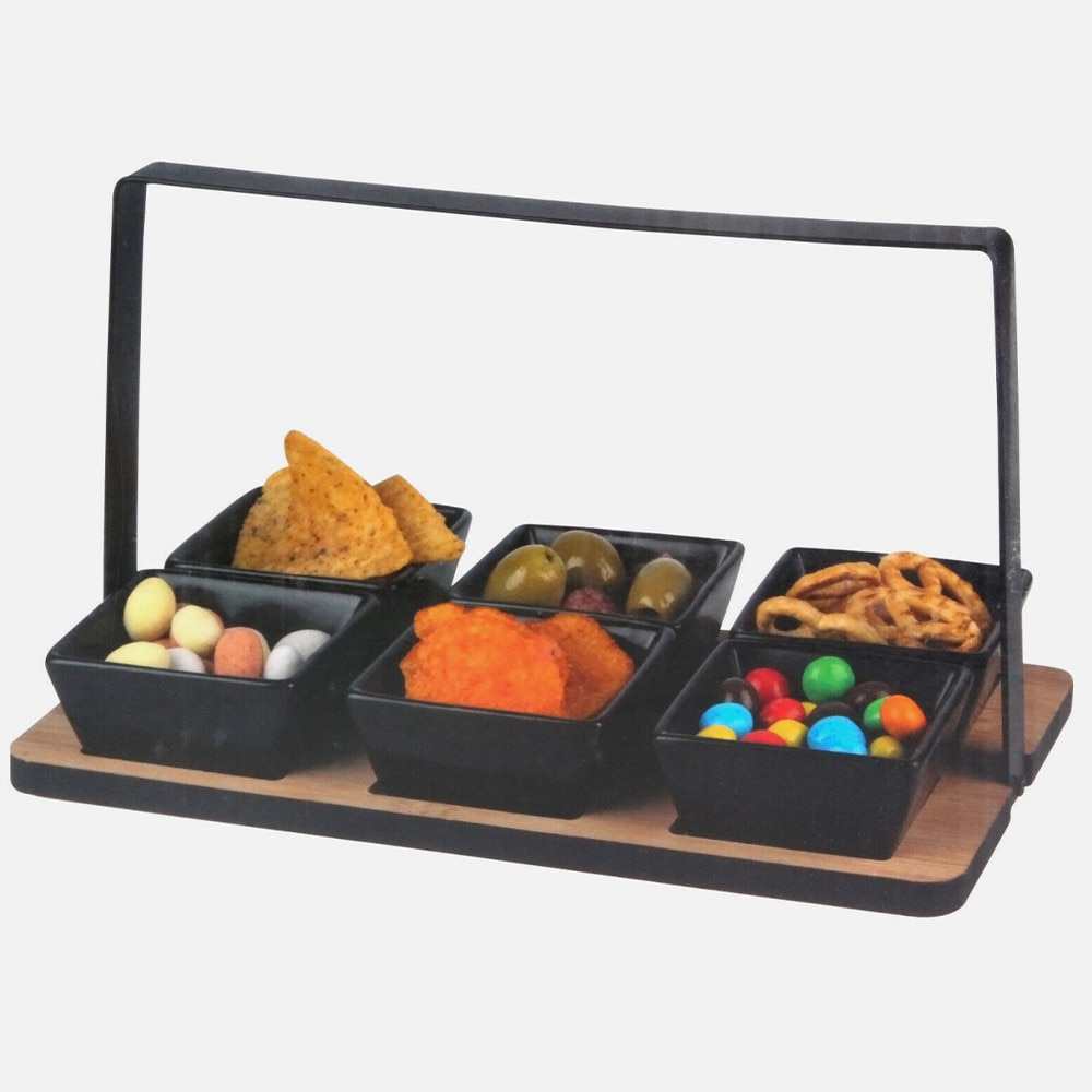 Set 6 boluri ceramice elegante negre cu suport metalic si bambus pentru ...
