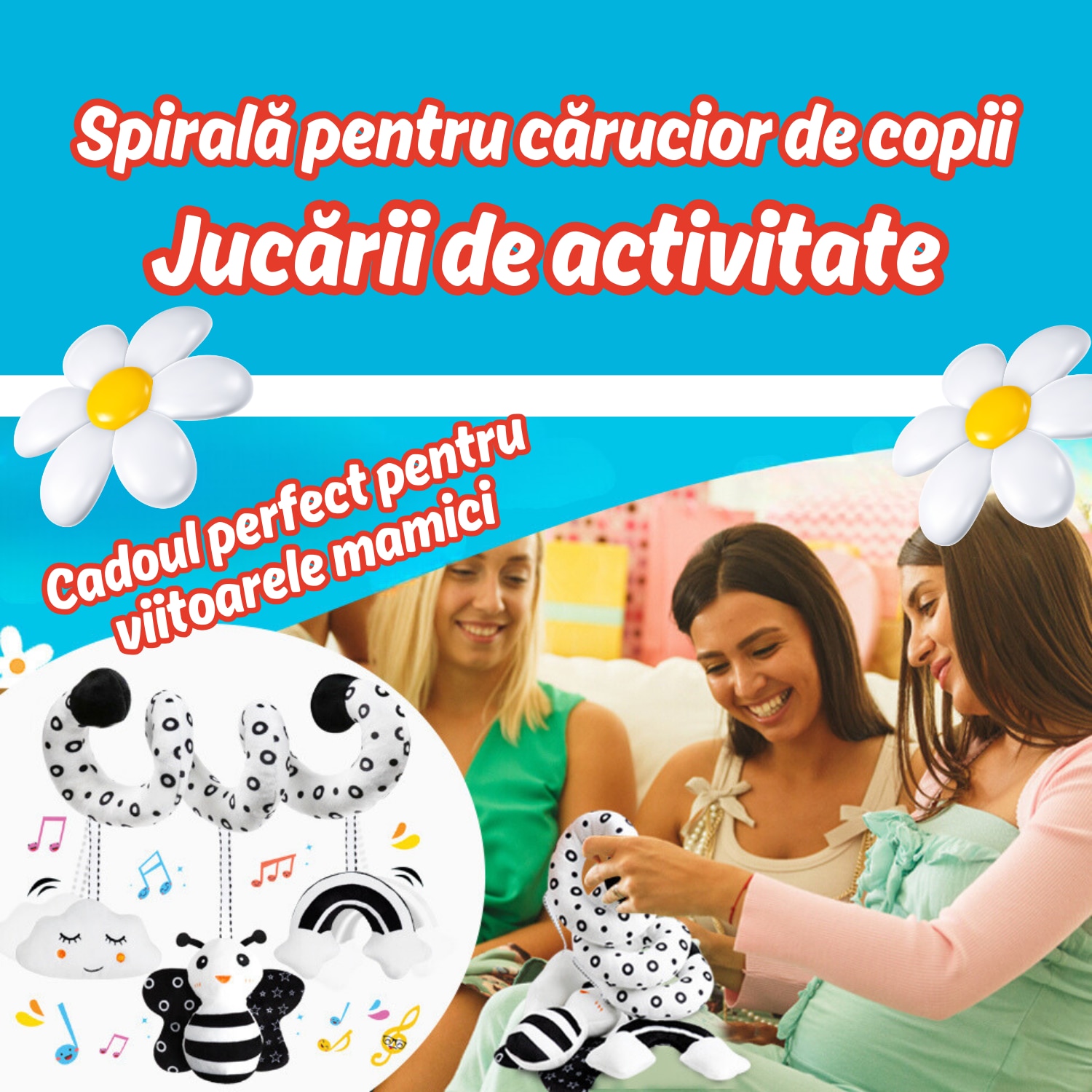 Jucarie spirala pentru carucior si patut, Simply Joy, cu trei jucarii de plus, alb negru, model ...