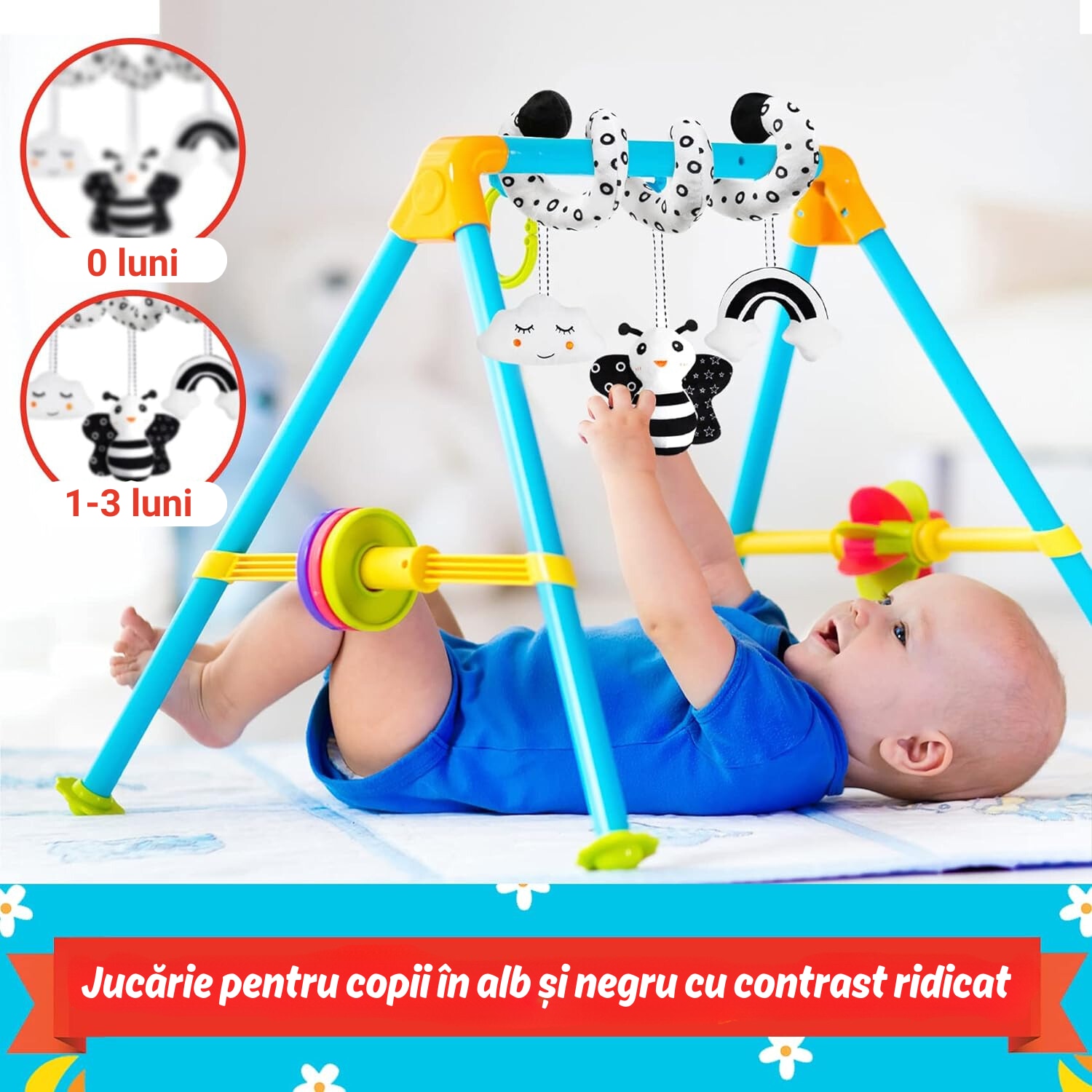 Jucarie spirala pentru carucior si patut, Simply Joy, cu trei jucarii de plus, alb negru, model ...