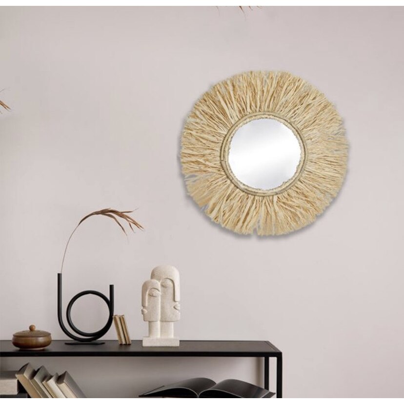 Oglinda decorativa de perete, cu rama din frunze de rafie, 50 cm - eMAG.ro