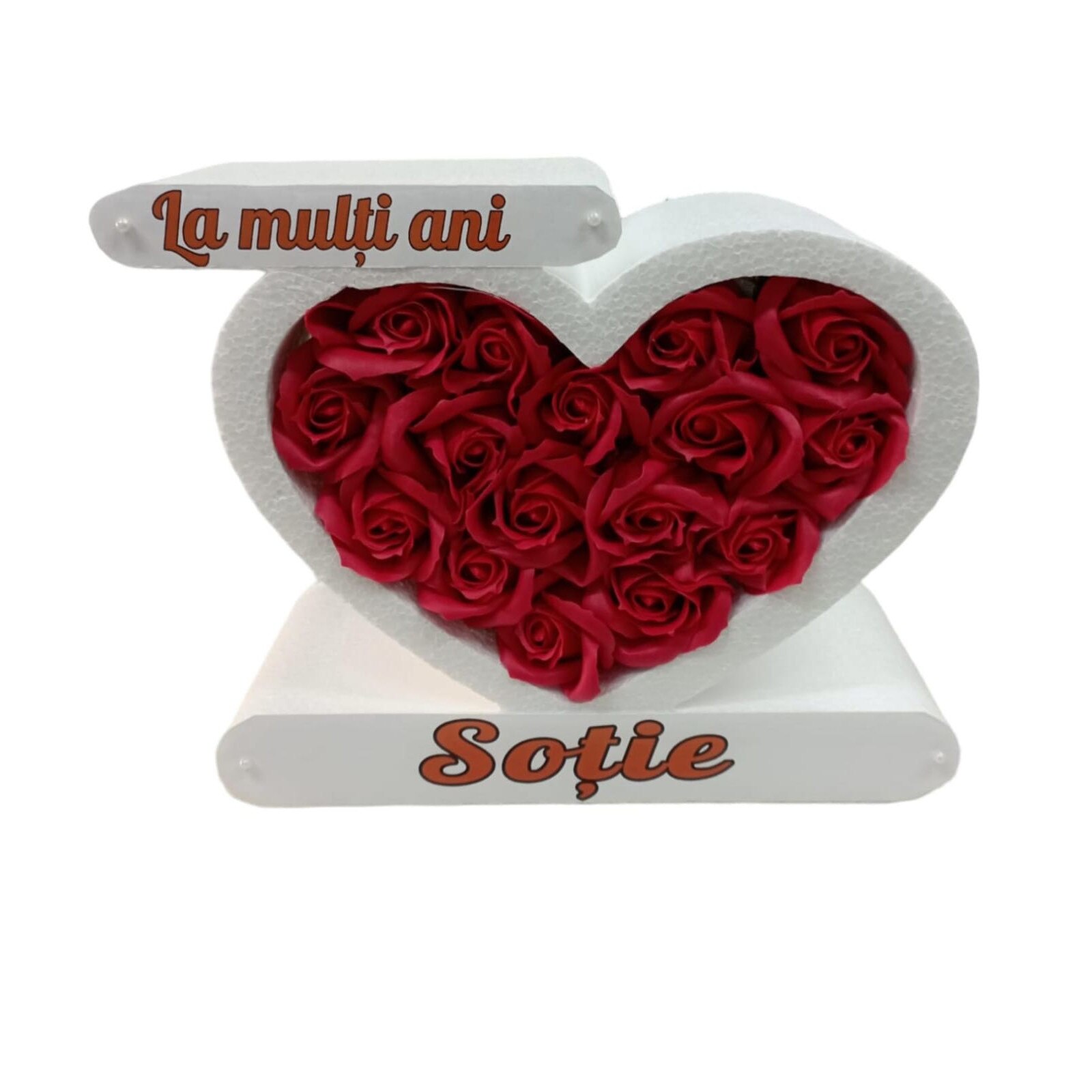 Aranjament trandafiri de sapun, La multi ani sotie, inima mica rosie ...