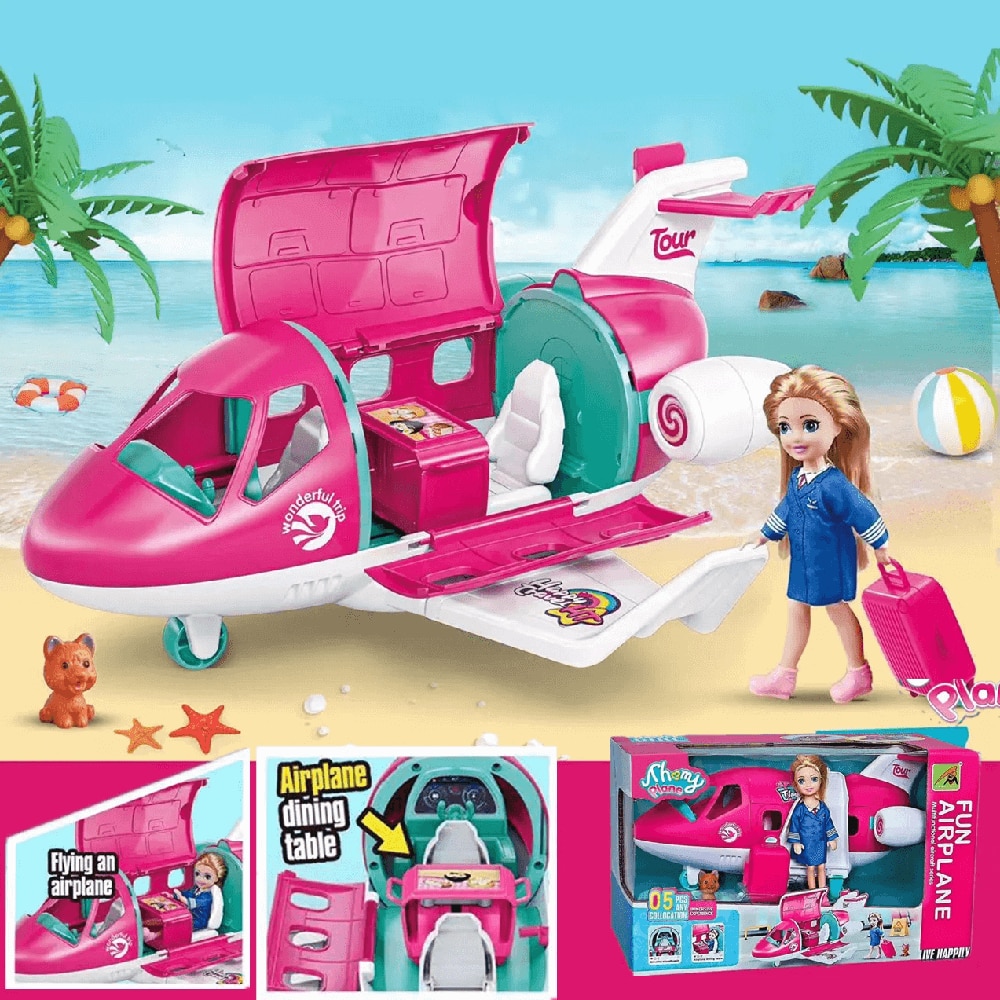 Set Papusa, Barbie cu avion, Roz/Alb - eMAG.ro